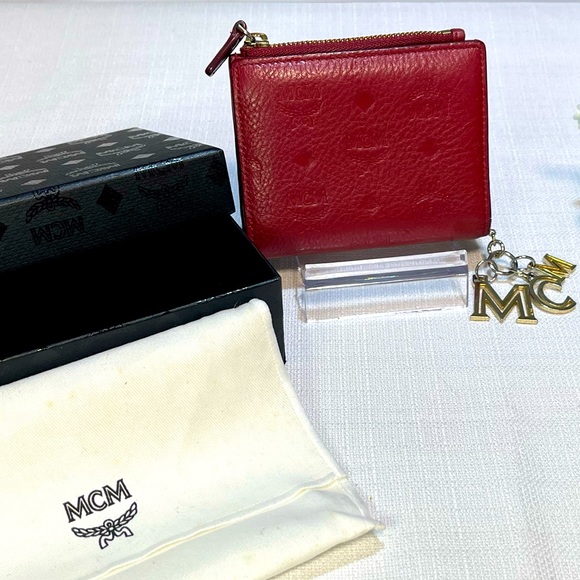 MCM | Bags | Mcm Red Visetos Leather Bifold Wallet Wcharm Box Dust Bag ...